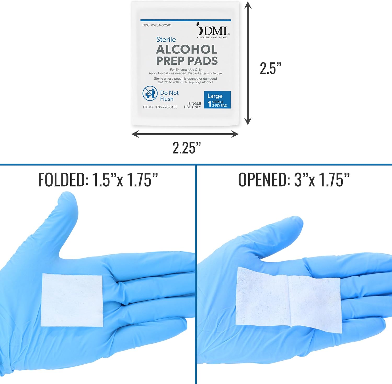 DMI Alcohol Prep Pads, 500 Count (5 Boxes of 100), Medical Grade Large ...